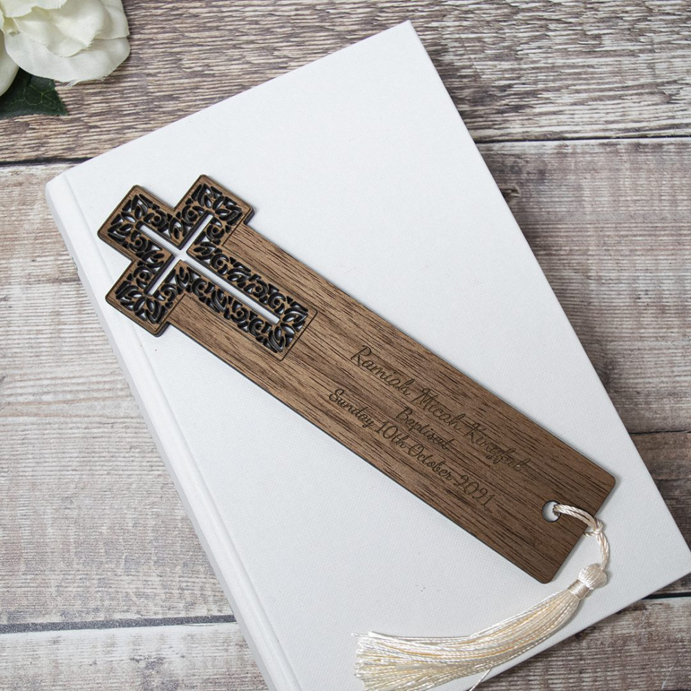 Personalised Wooden Cross Bookmark - Walnut | The Happy Gift Makers