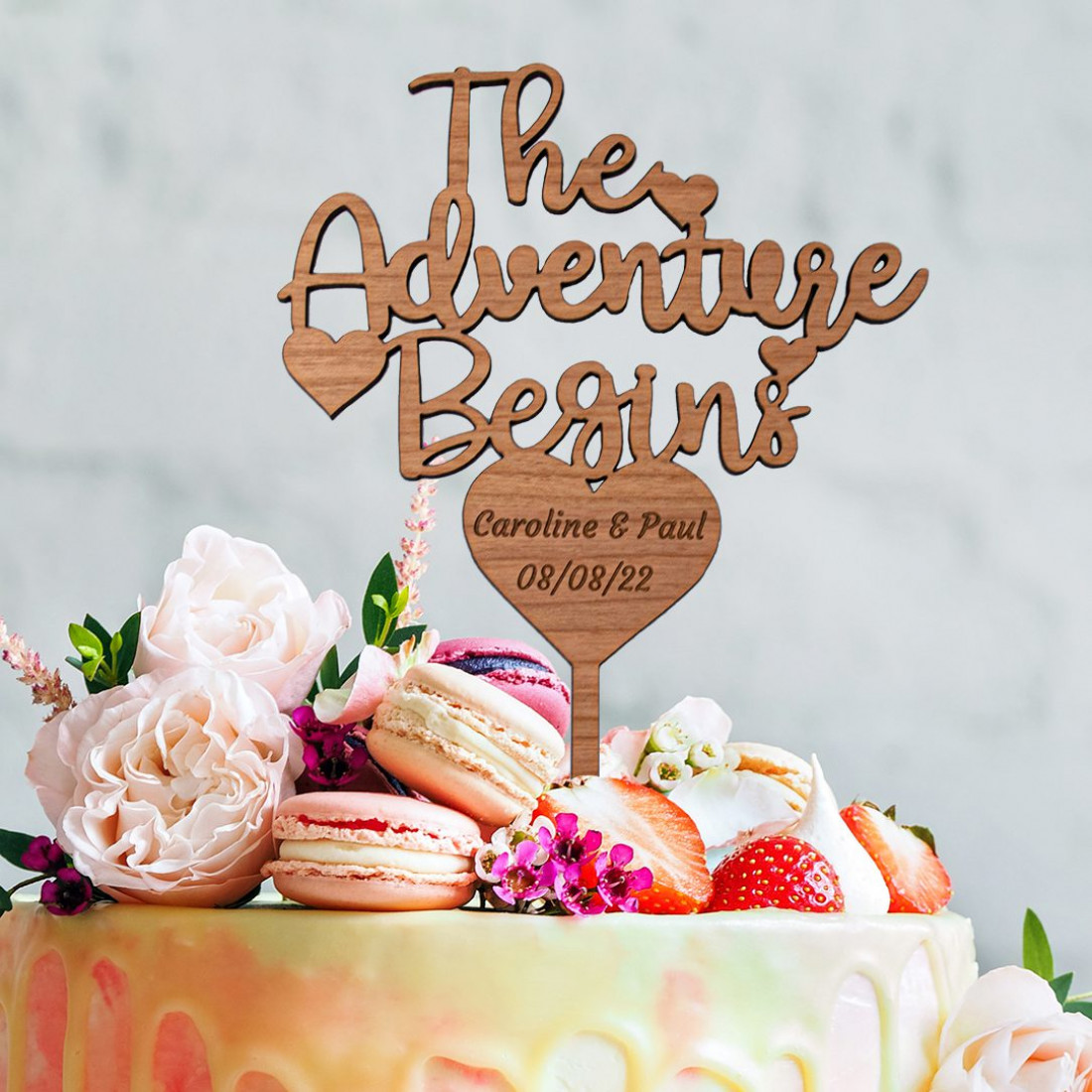 Wooden Wedding Cake Topper - The Adventure Begins | The Happy Gift Makers